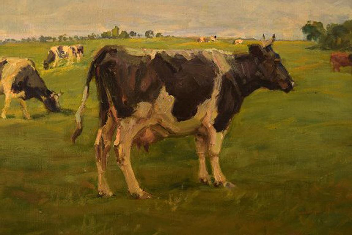 Harald Kjær, Danish Artist. Field Landscape with Grazing Cows at 1stDibs