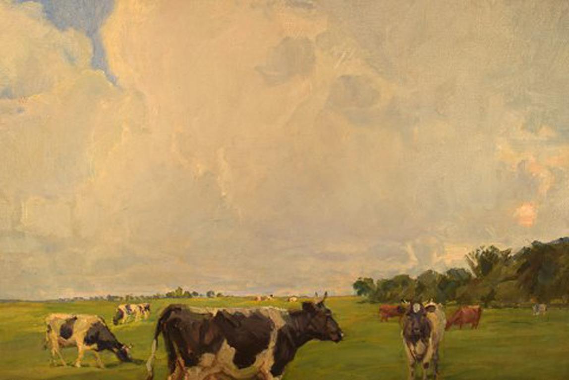 Harald Kjær, Danish Artist. Field Landscape with Grazing Cows at 1stDibs