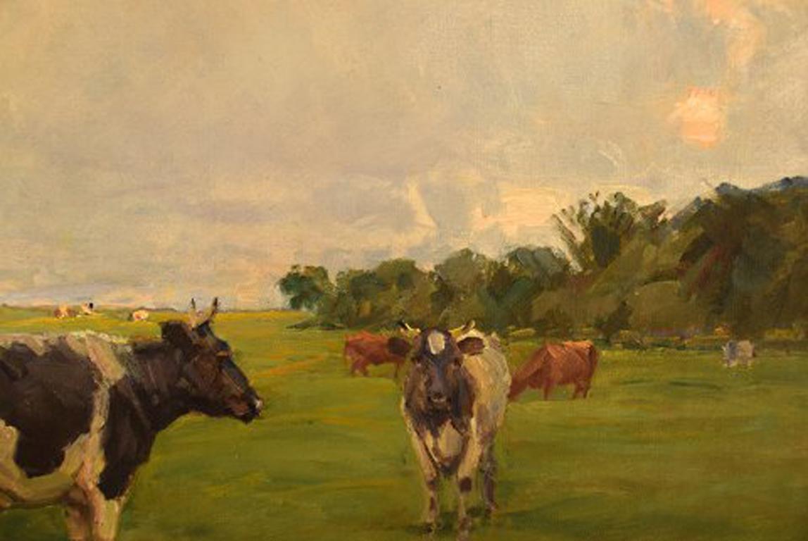 Harald Kjær, Danish Artist. Field Landscape with Grazing Cows at 1stDibs