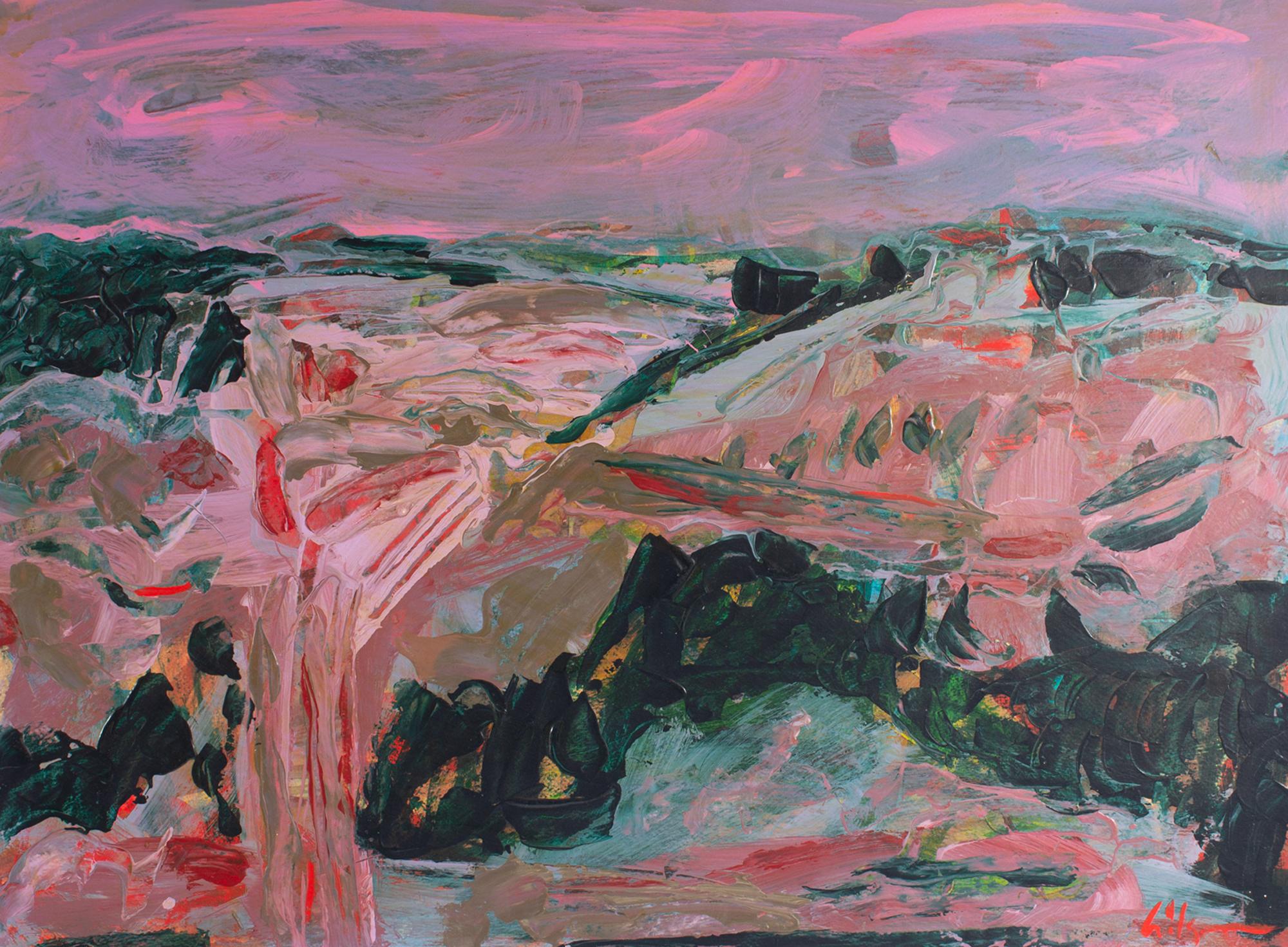 Harry Hilson Signed 1980s Abstract Acrylic on Paper Landscape Painting ...