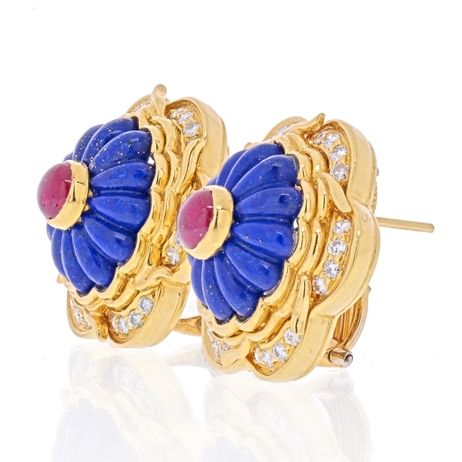 Harry Winston 18k Yellow Gold Lapis Ruby Diamond Earrings 0.43cttw at ...