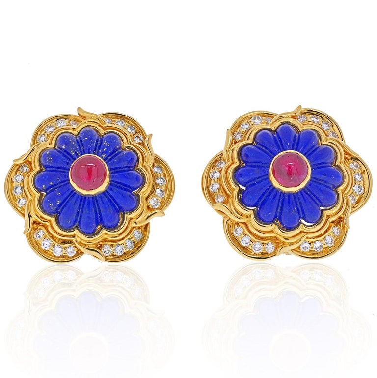 Harry Winston 18k Yellow Gold Lapis Ruby Diamond Earrings 0.43cttw For ...