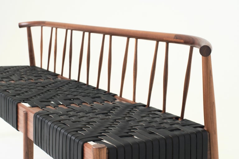Harvest Settee, Modern Wood and Leather Weave Bench For Sale at 1stDibs