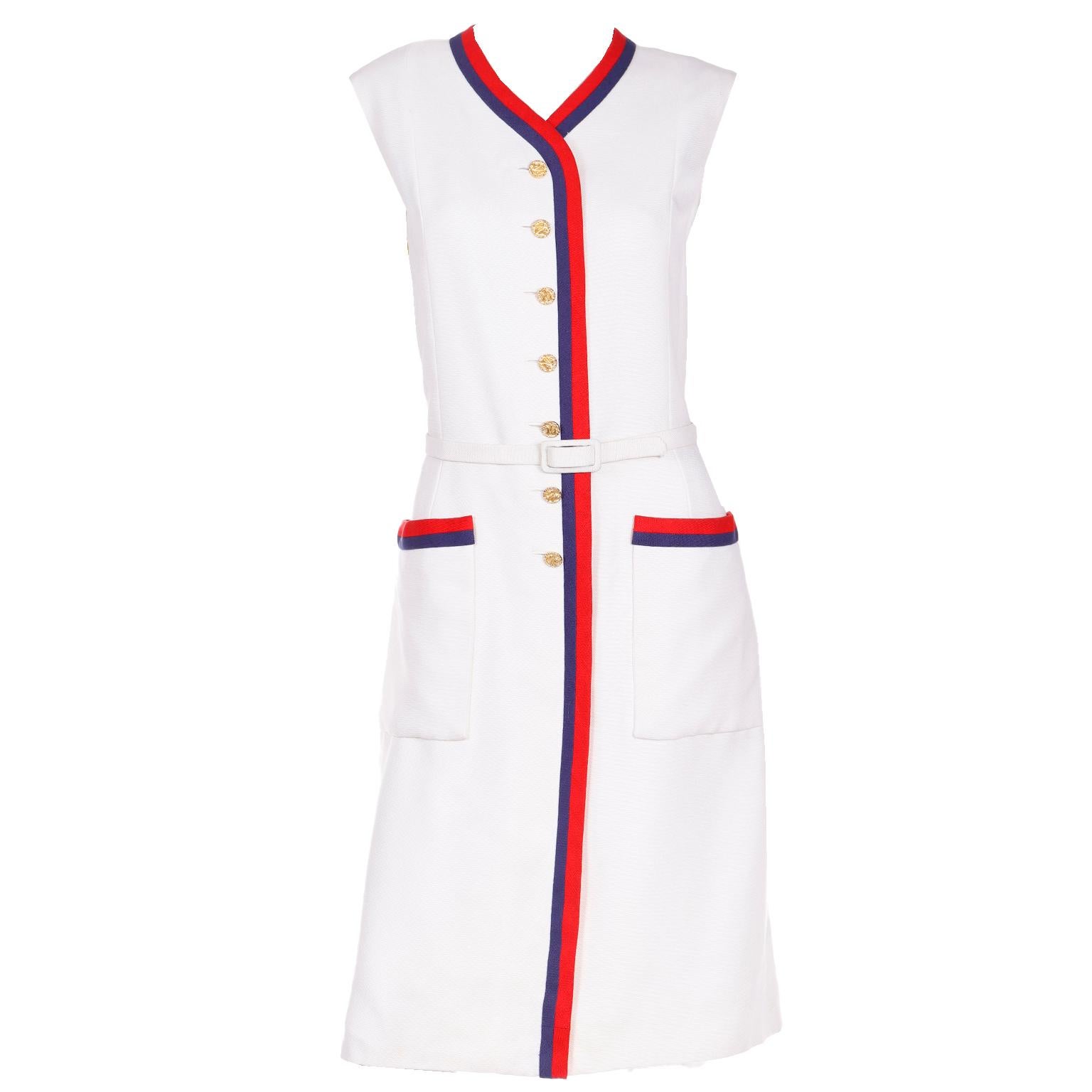 Harvey Berin Karen Stark Vintage 1960s White Dress w Red and Blue Trim ...
