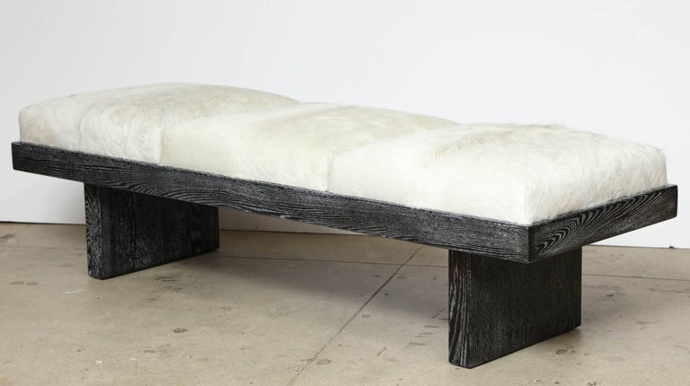 Harvey Probber Cerused Oak, 3 Seat Calfskin Plinth Base Bench at 1stDibs