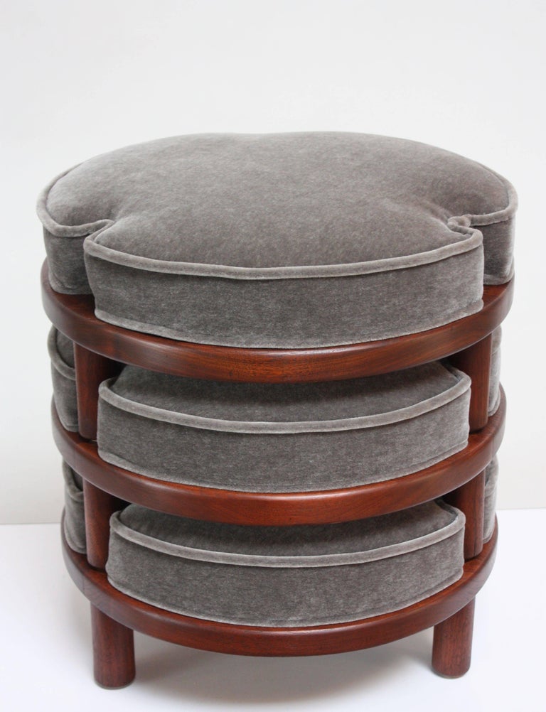 Harvey Probber-Style Mahogany and Mohair Stacking Ottomans or ...