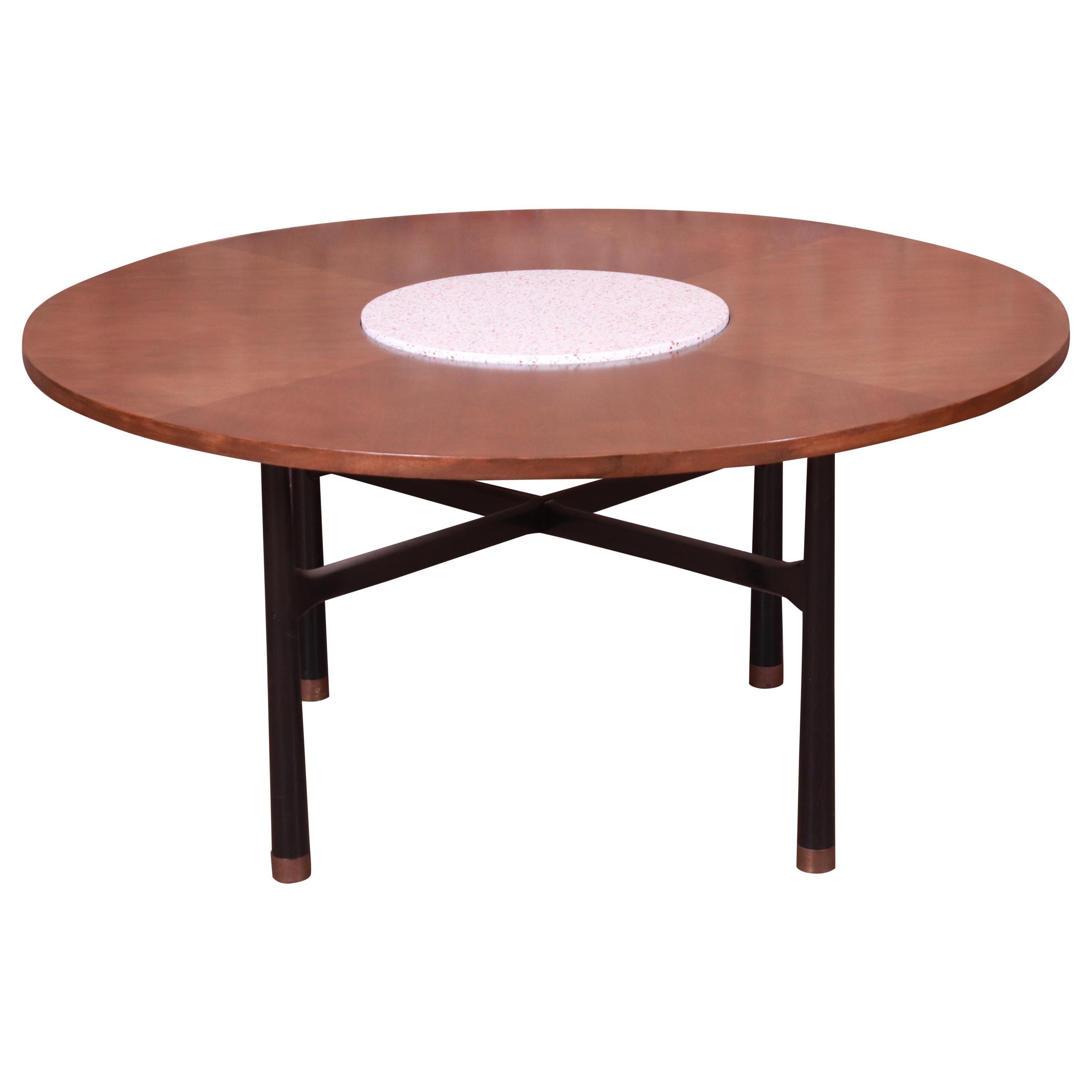 Harvey Probber Round Walnut Game Center Table with Travertine Insert ...