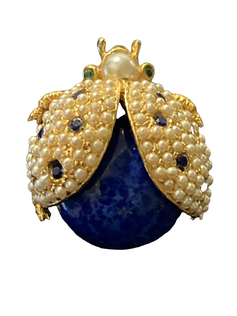 Hattie Carnegie Blue Ladybug Brooch For Sale at 1stDibs