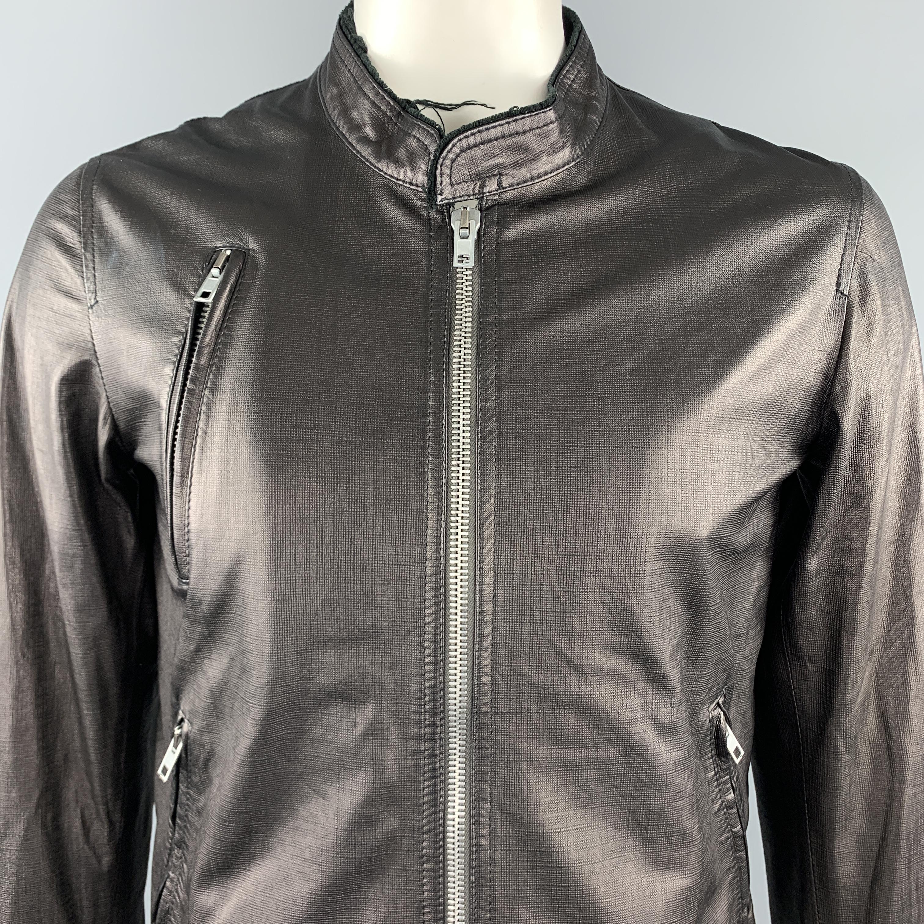 HAUTE Size 42 Black Leather Full Zip High Collar Zip Pockets Raw Hem ...