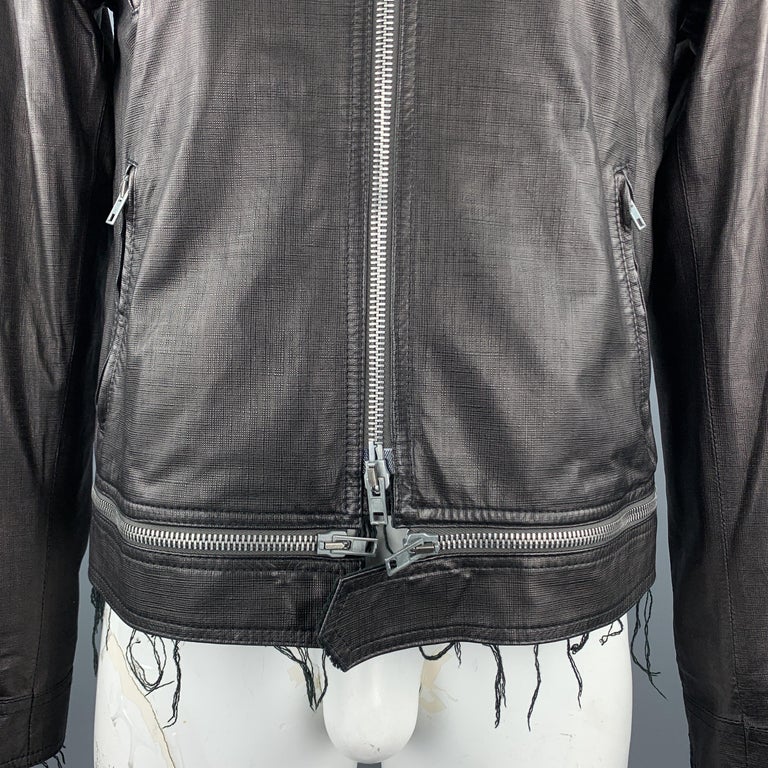 HAUTE Size 42 Black Leather Full Zip High Collar Zip Pockets Raw Hem ...