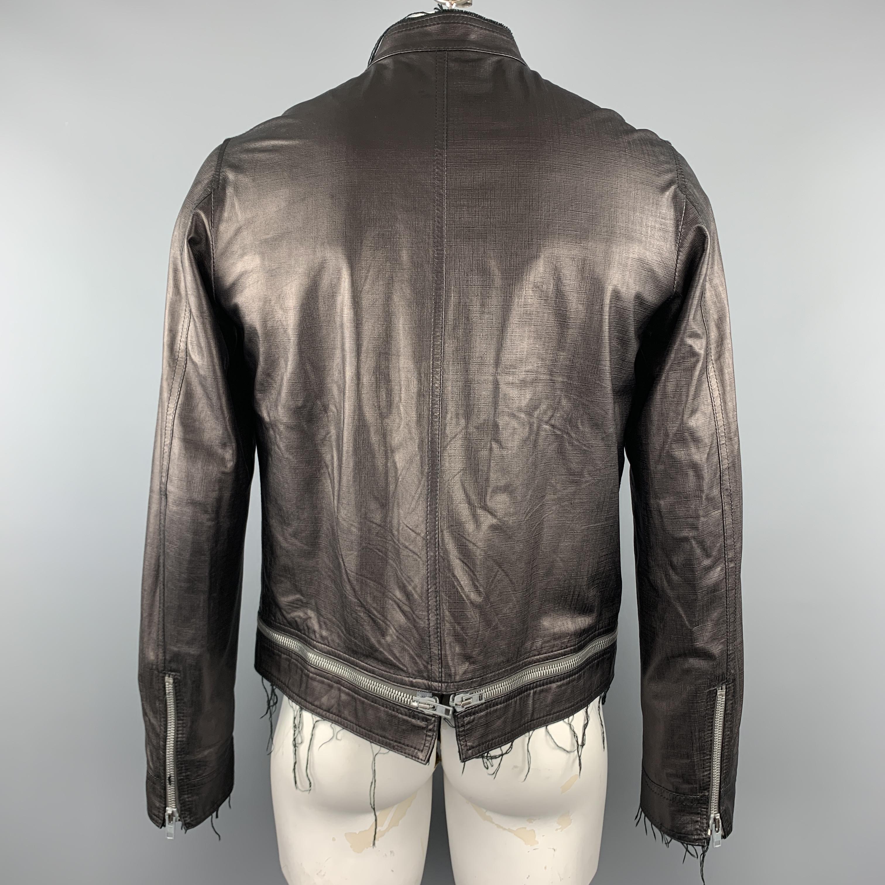 HAUTE Size 42 Black Leather Full Zip High Collar Zip Pockets Raw Hem ...