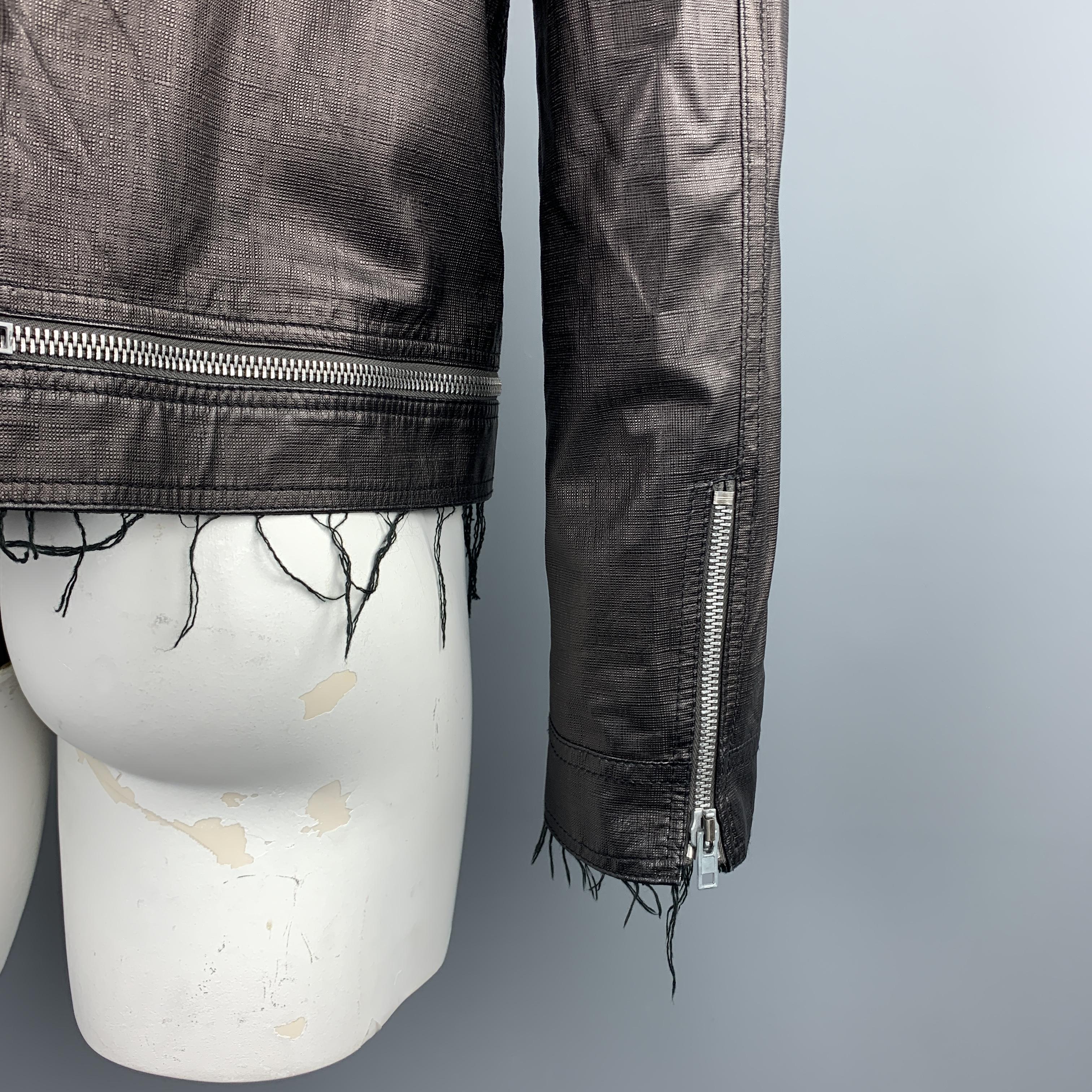 HAUTE Size 42 Black Leather Full Zip High Collar Zip Pockets Raw Hem ...