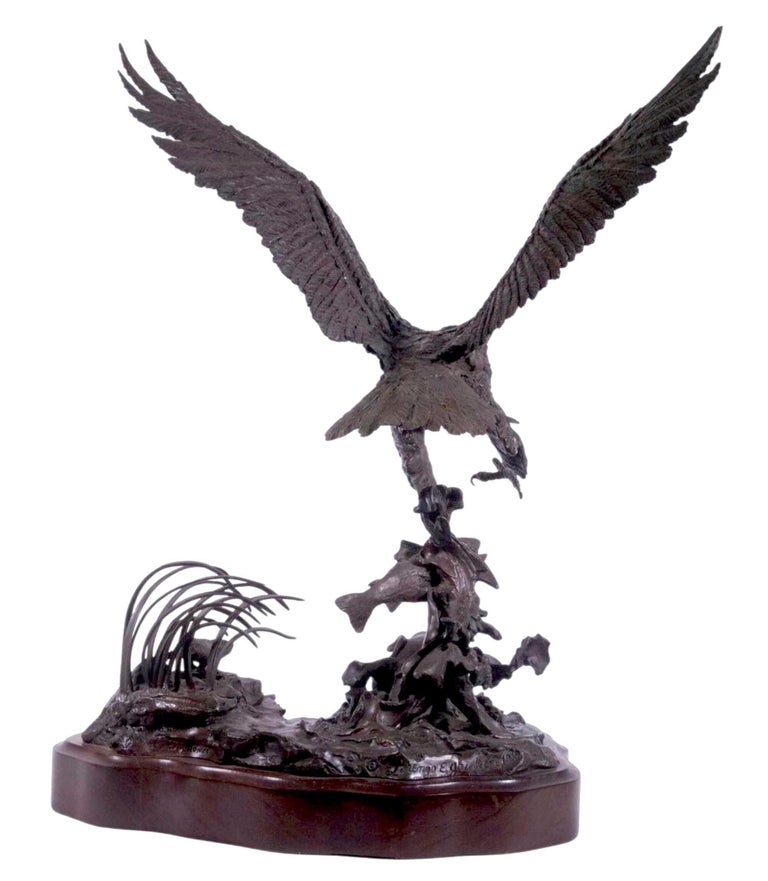 "Hawk Catching Salmon" Bronze Scupture by Lorenzo E. Ghiglieri, Ed 31/ ...