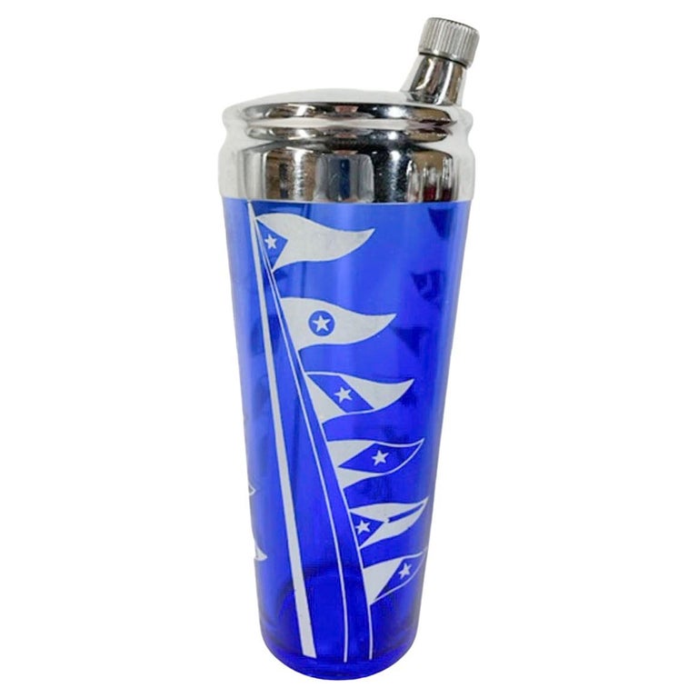 Hazel-Atlas, Art Deco Cobalt Blue Cocktail Shaker with White Nautical ...