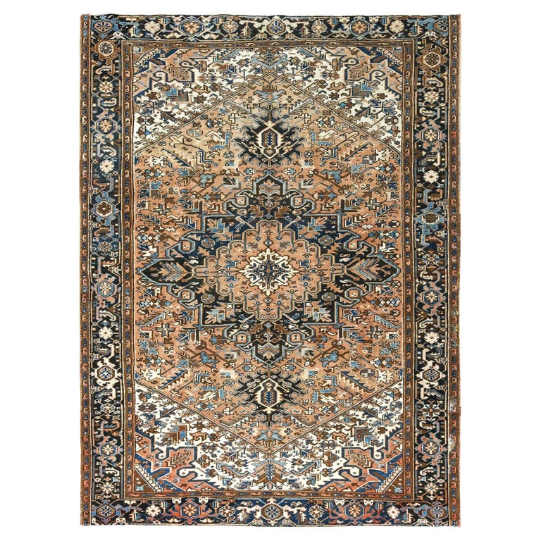 Hazelnut Brown Hand Knotted Vintage Persian Heriz Distressed Feel Worn ...
