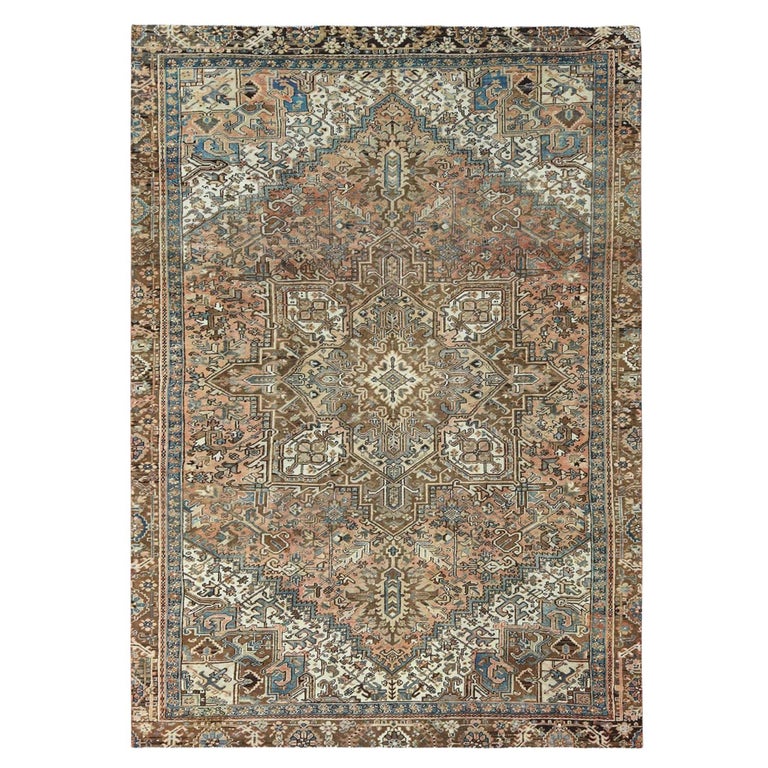 Hazelnut Brown Vintage Persian Heriz Shaved Down Worn Wool Hand Knotted ...