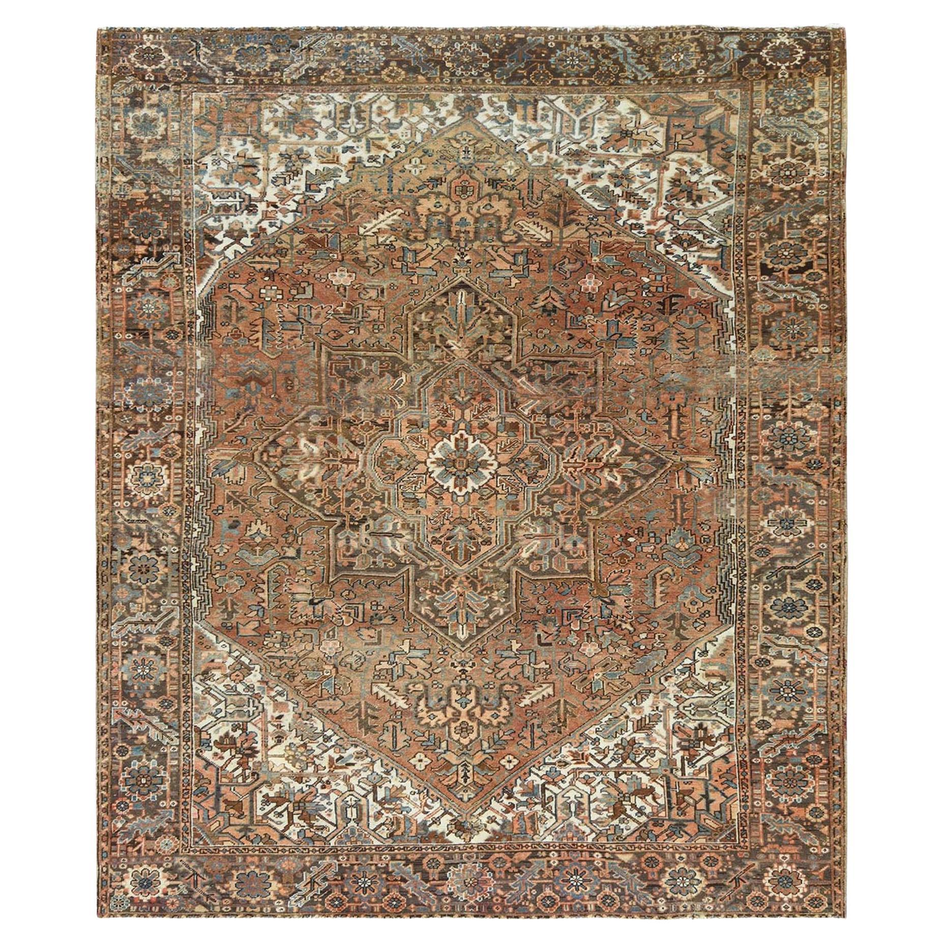 Almond Brown Vintage Persian Heriz Abrash Rustic Look Worn Wool Hand ...