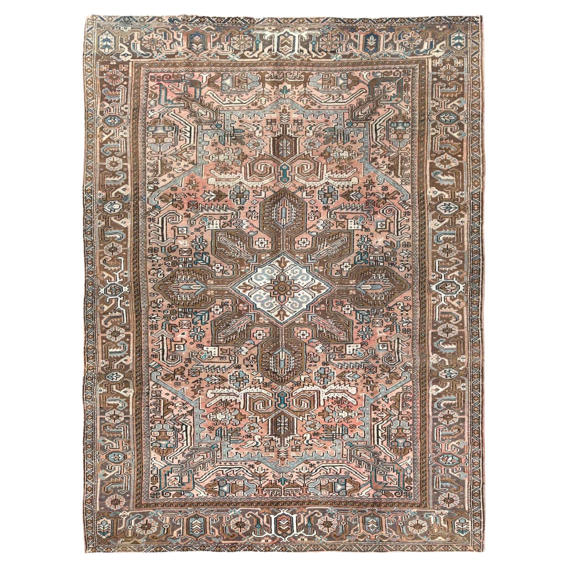 Red Rustic Look Worn Wool Hand Knotted Vintage Persian Heriz Shaved ...