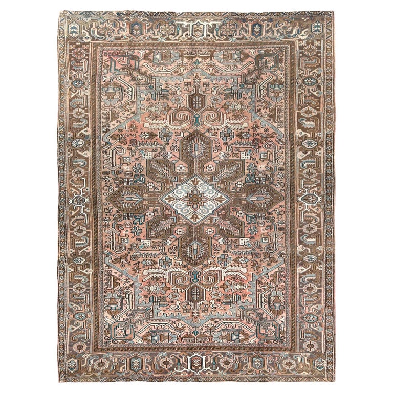 Hazelnut Brown Worn Wool Hand Knotted Vintage Persian Heriz Shaved Down ...