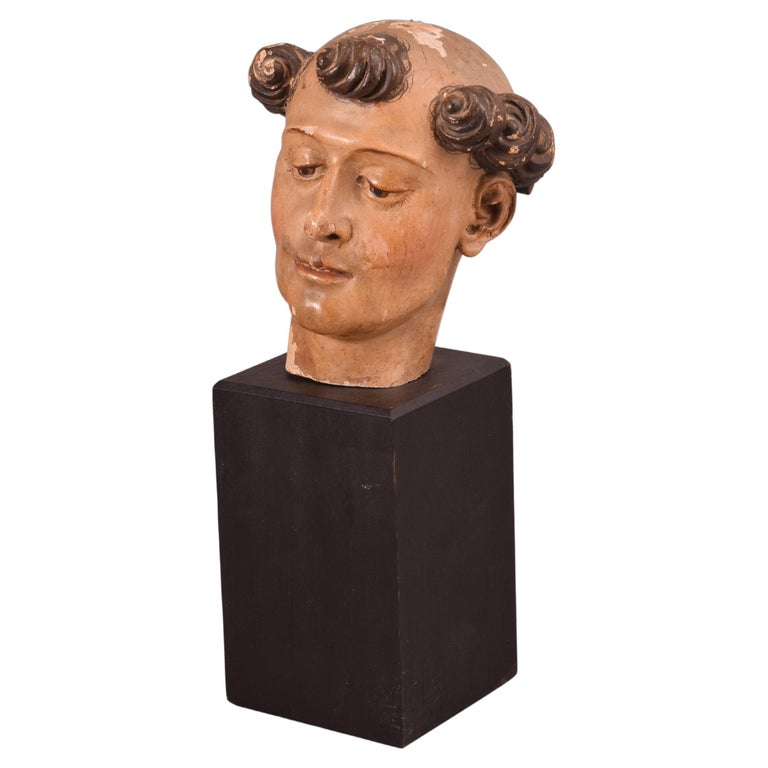 Head of a Saint. Polychromed Wood. 17th Century 'Later Base' For Sale ...
