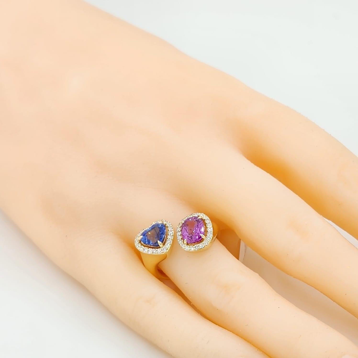 Heart Blue Sapphire and Pink Sapphire Toi Et Moi Diamond Ring in 18k ...