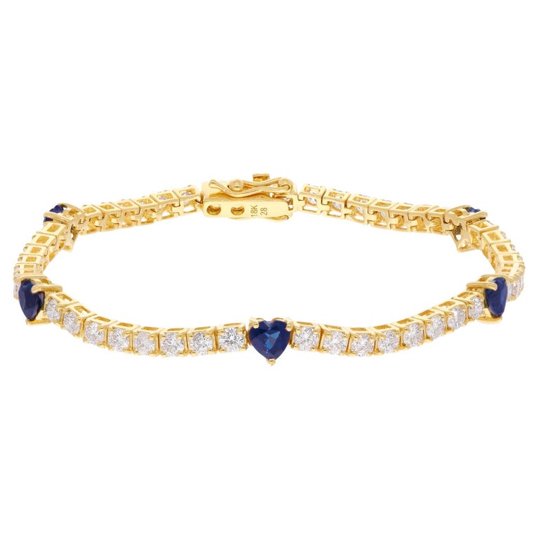 Heart Blue Sapphire Gemstone Tennis Bracelet Diamond 18kt Yellow Gold