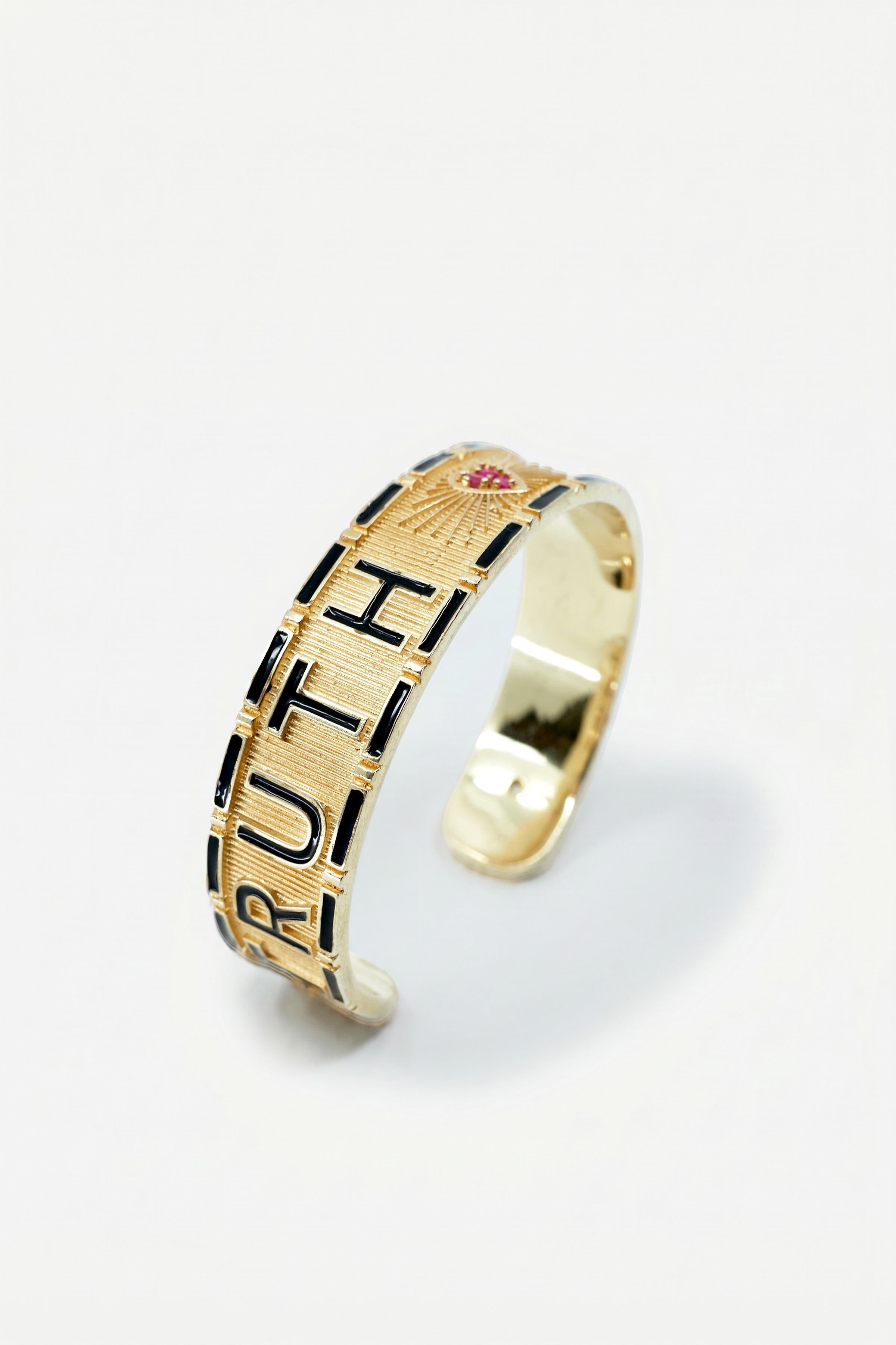 Heart Cuff Bracelet Ruby Diamond Black Enamel Truth faith Gold Plated J ...
