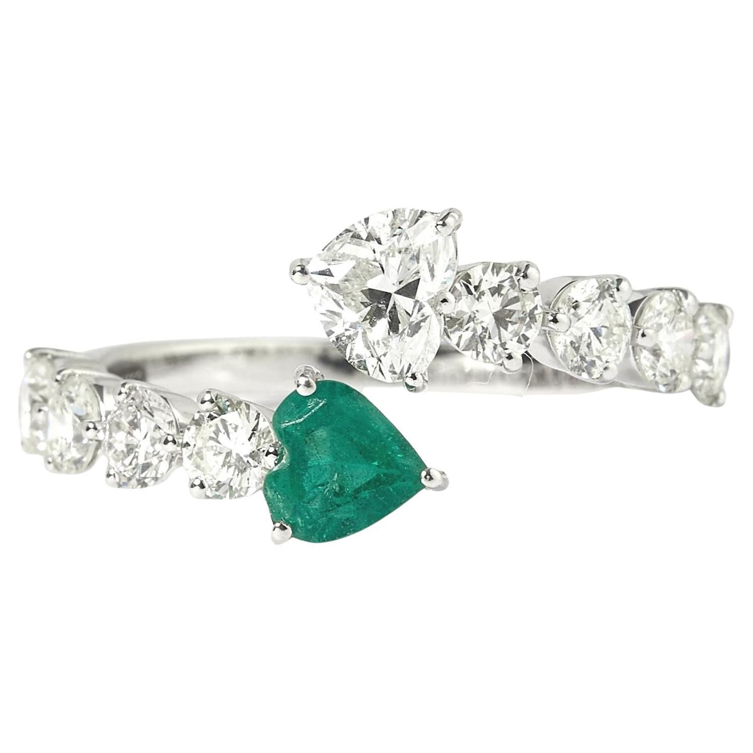 Heart Diamond Emerald Bypass Ring in 14k Solid Gold (Certified) For ...