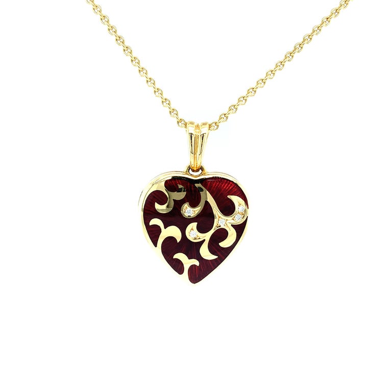 Heart Locket Pendant Necklace 18k Yellow Gold Red Enamel 5 Diamonds 0 ...