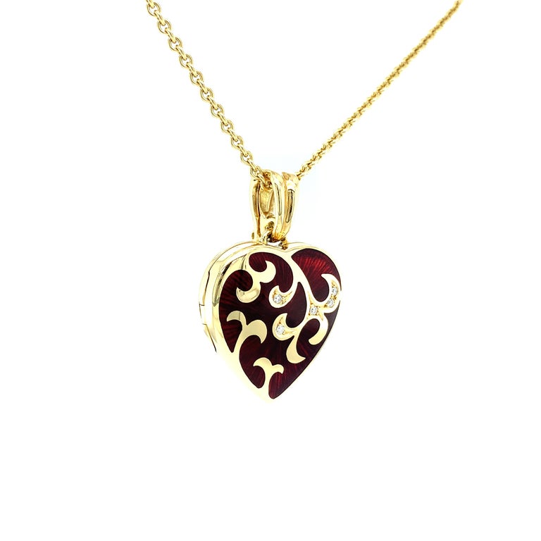 Heart Locket Pendant Necklace 18k Yellow Gold Red Enamel 5 Diamonds 0 ...
