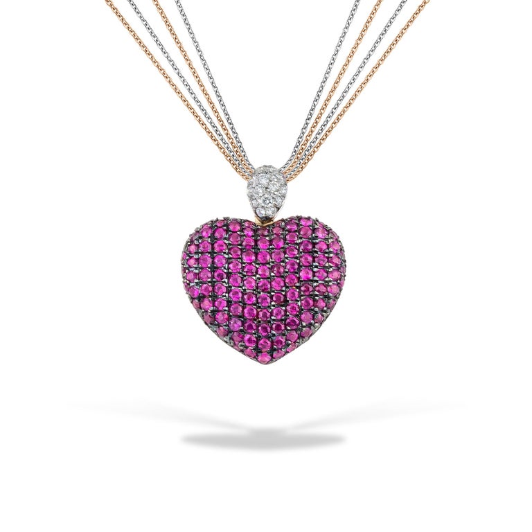 Heart Pave Setting Pink Sapphires and Diamonds Pendant Necklace 18kt ...