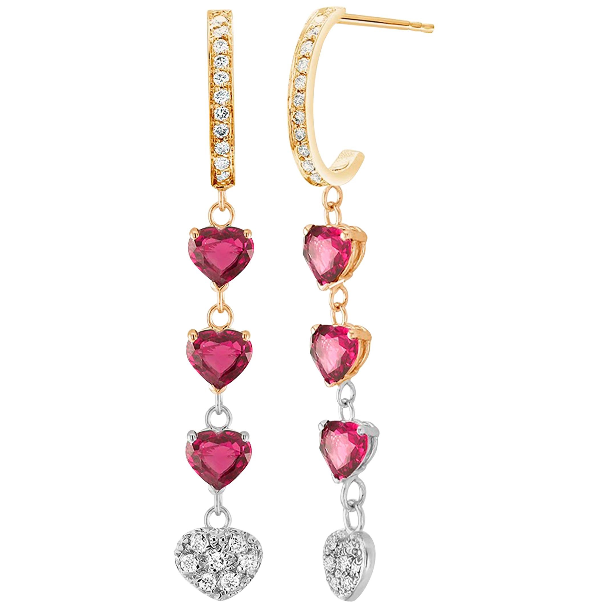 Six Heart Shape Burma Ruby and Diamond Yellow and White Gold Hoop Drop ...