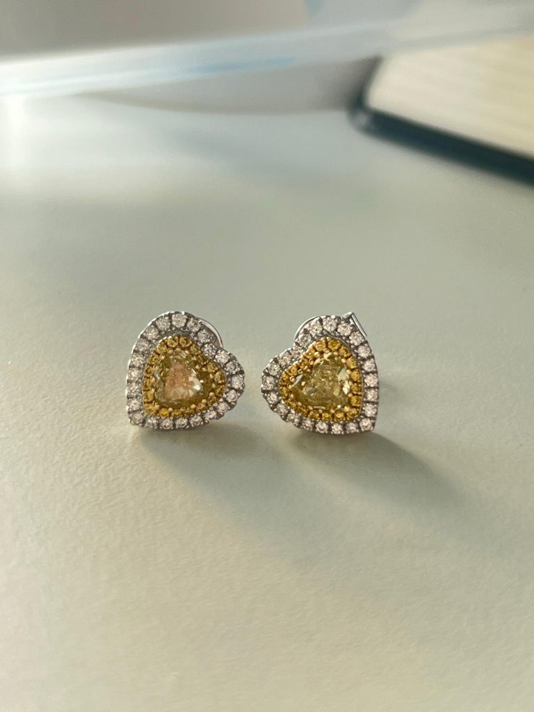 Heart Shape Fancy Yellow Diamond Studs For Sale at 1stDibs
