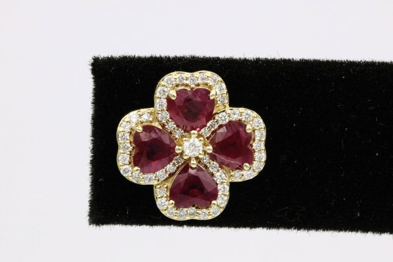 Heart Shape Ruby Diamond Clover Earrings 2.51 Carat For Sale at 1stDibs