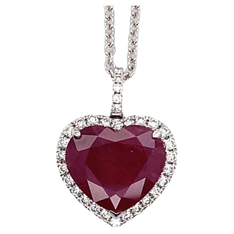 Certified Heart Shape Ruby and Diamond Necklace in 18 Karat White Gold ...