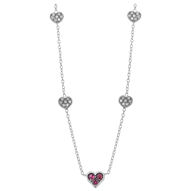 White Gold Heart Shaped Ruby Charm and Five Diamond Station Charms Neck ...