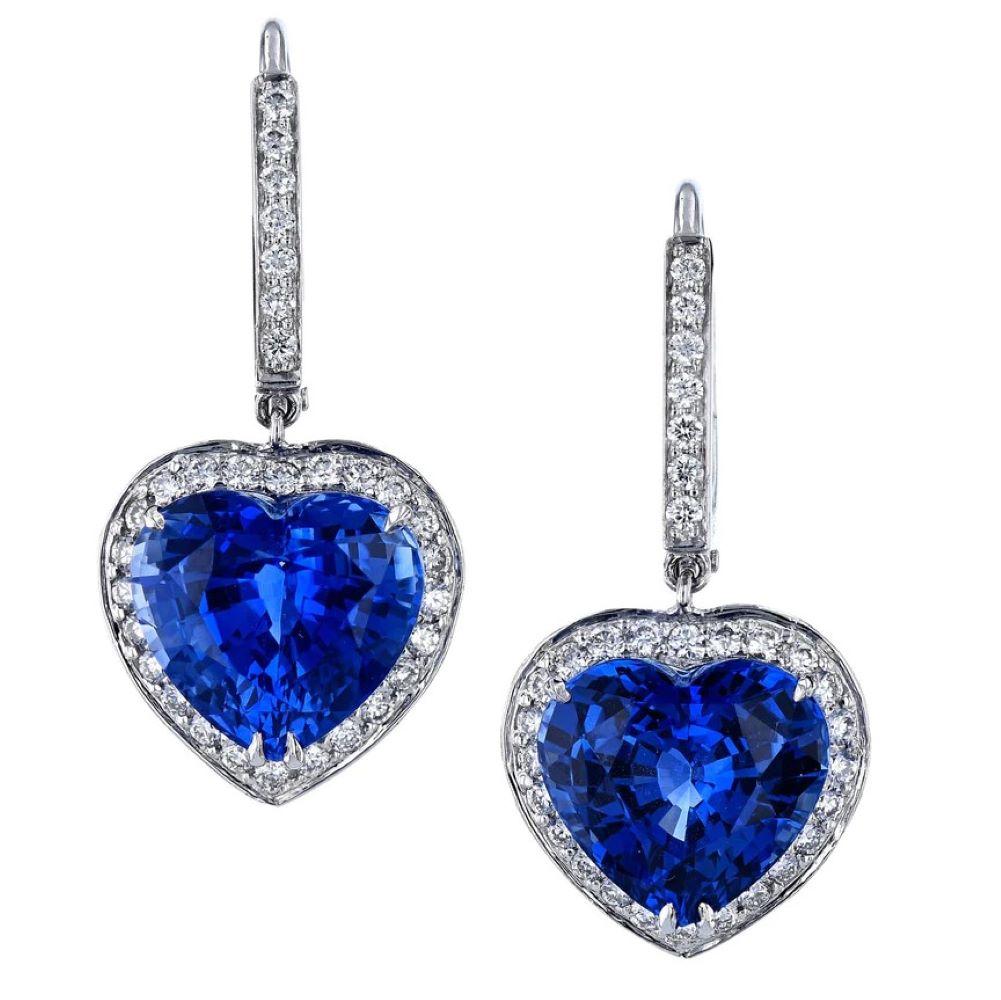 Heart Shaped Ceylon Sapphire Platinum Diamond Pave Earrings For Sale at ...