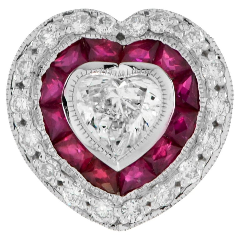 Heart Shaped Diamond and Ruby Art Deco Style Pendant in 14K White Gold For Sale at 1stDibs