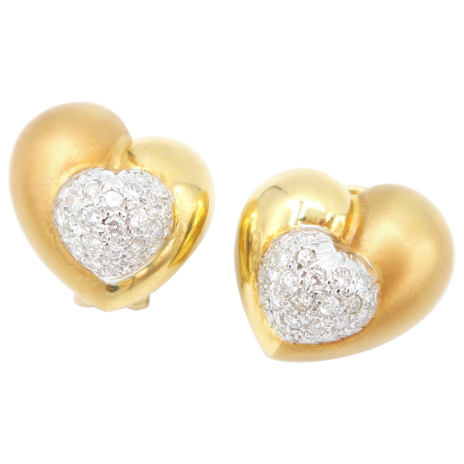 Heart Shaped Diamond Gold Clip on Pierced Earrings For Sale at 1stDibs
