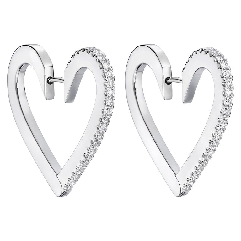 Heart Shaped Hoop Earrings, 18 Karat White Gold and White Diamonds ...