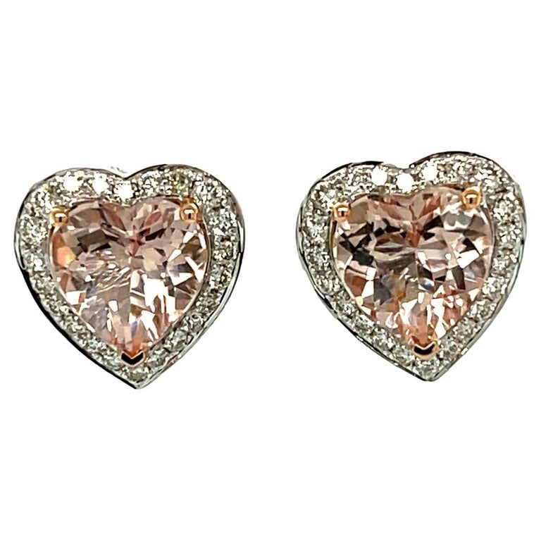 Heart shaped Morganite and Diamond Stud Earrings in 14K White and Rose ...