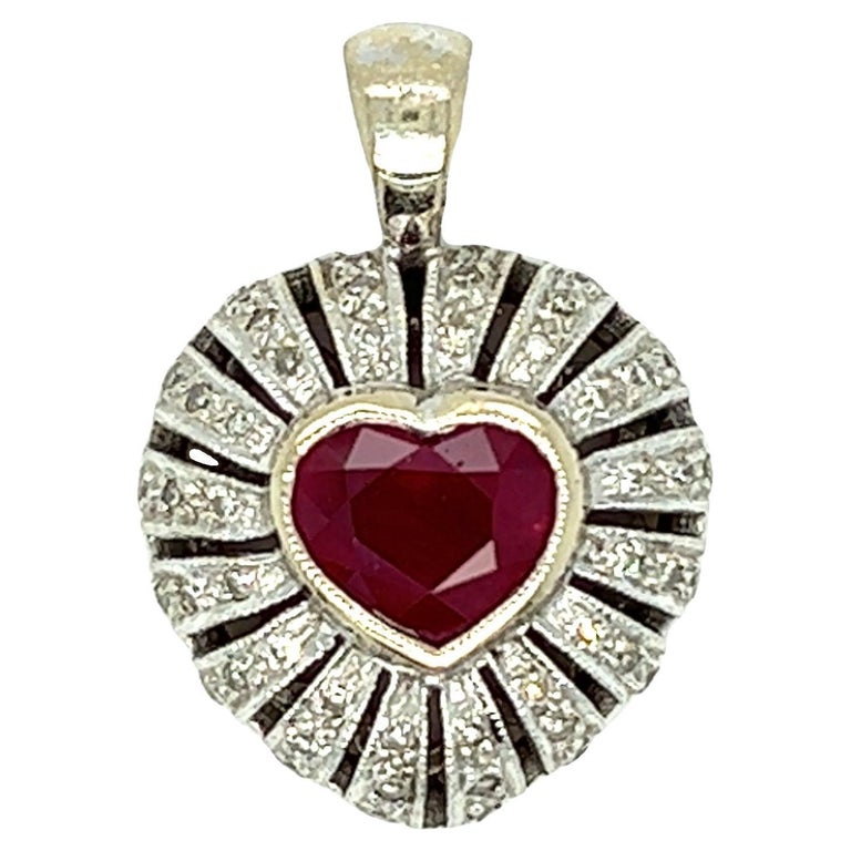 Heart Shaped Ruby and Diamond Pendant 14k White Gold For Sale at 1stDibs
