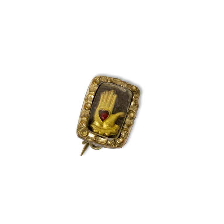 Antique Rare Heart in hand red enamel lace gold pin. For Sale at 1stDibs
