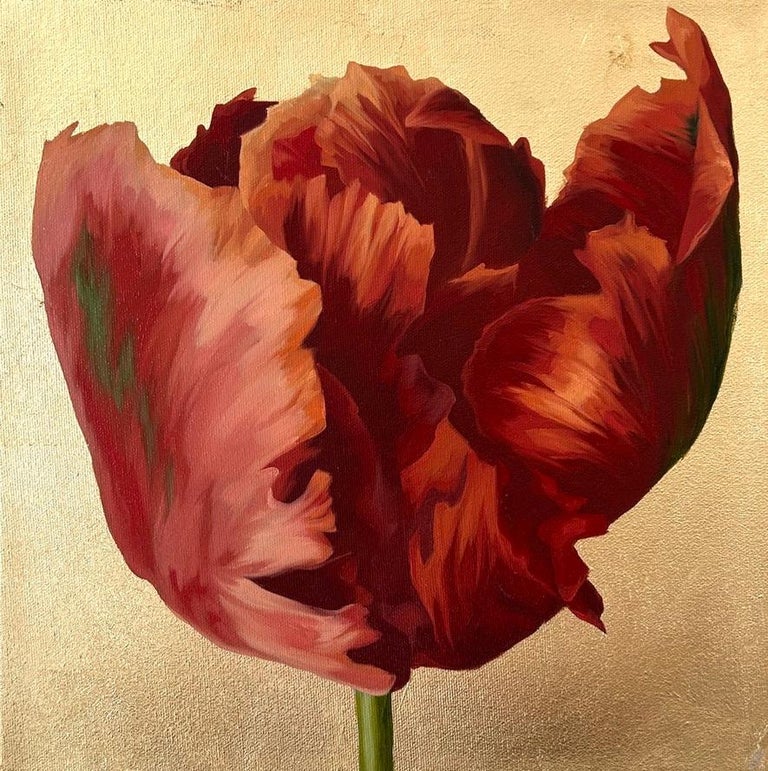 Heather Millar - "T is for Tulip" still life oil painting of red flower with gold leaf For Sale ...