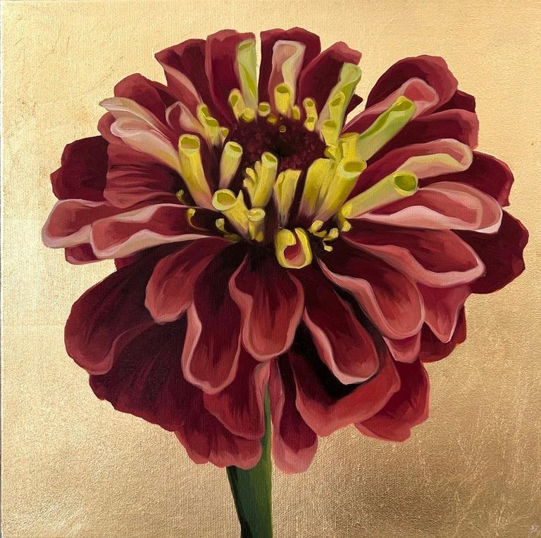 Heather Millar - "Z is for Zinnia" still life oil painting of a red and ...