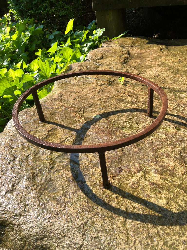 Heavily-Lichened French Cast Stone Pot in Wrought Iron Stand at 1stDibs