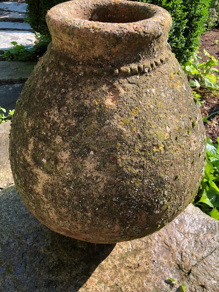 Heavily-Lichened French Cast Stone Pot in Wrought Iron Stand at 1stDibs