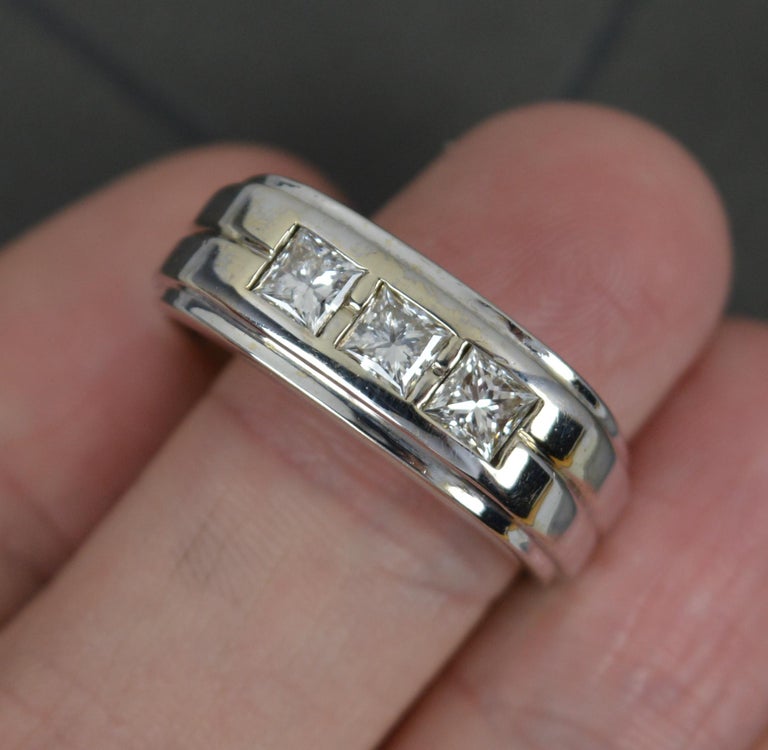 Heavy 14ct White Gold and 0.9ct Princess Cut Diamond Trilogy Ring For ...