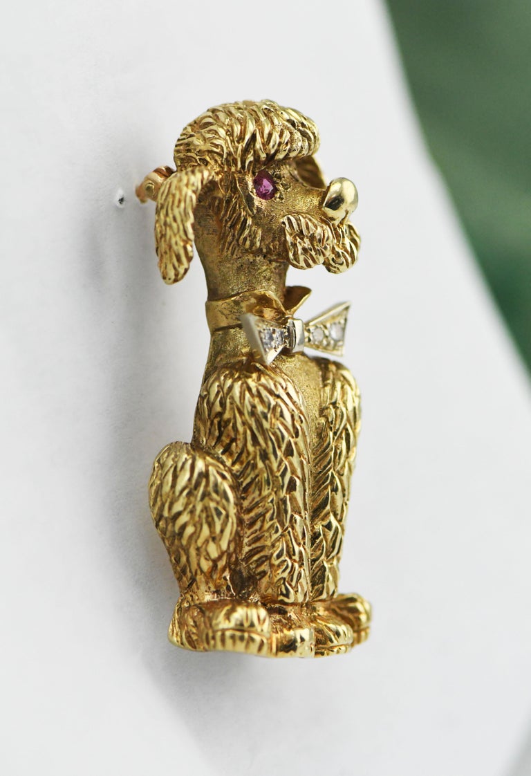 Heavy 14 Karat Yellow Gold Poodle Pin Pendant with Ruby Eyes and ...