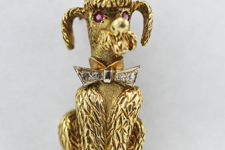 Heavy 14 Karat Yellow Gold Poodle Pin Pendant with Ruby Eyes and ...
